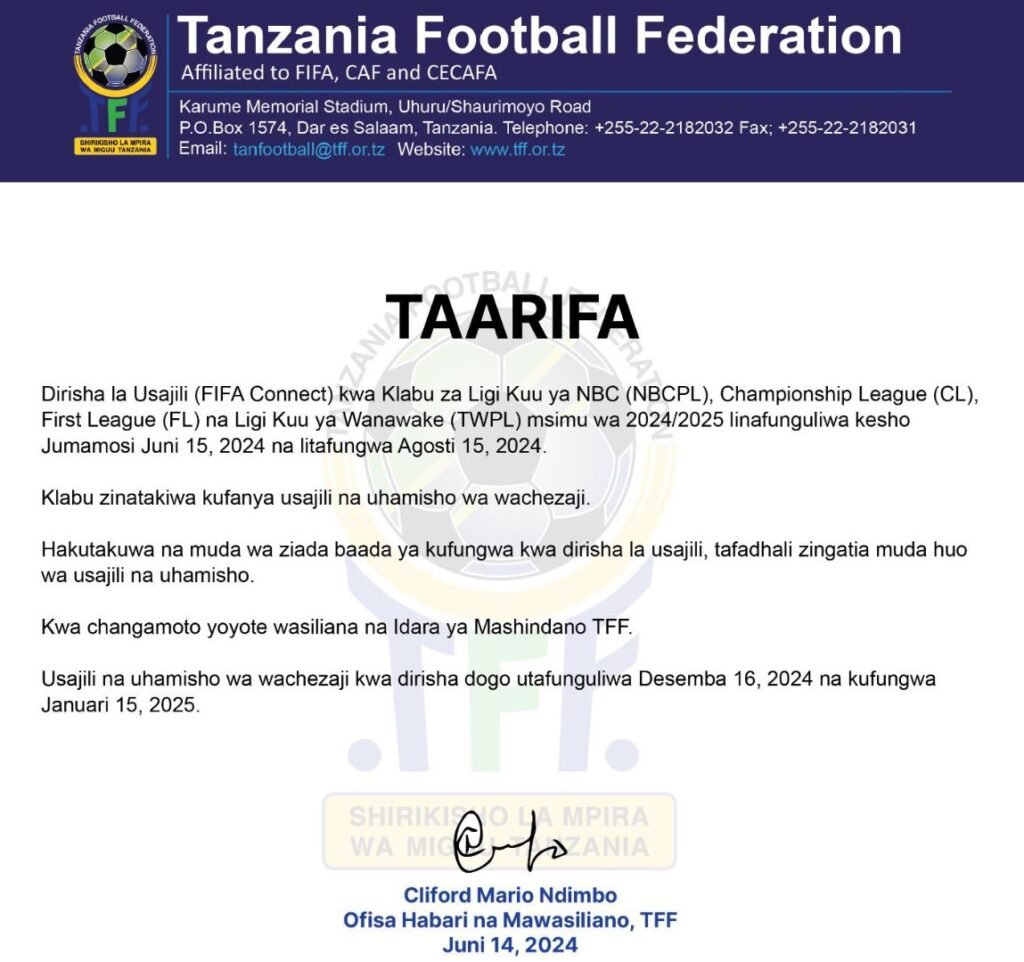 Dirisha la Usajili Ligi Kuu Tanzania kufunguliwa Juni 15 hadi Agosti 15 ...