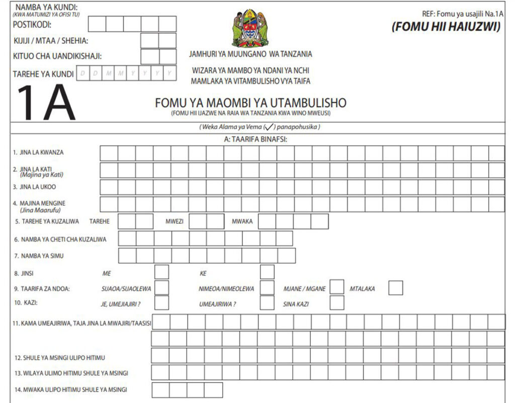 Fomu ya Maombi ya NIDA 1A pdf Download (Fomu ya NIDA) - HABARI FORUM