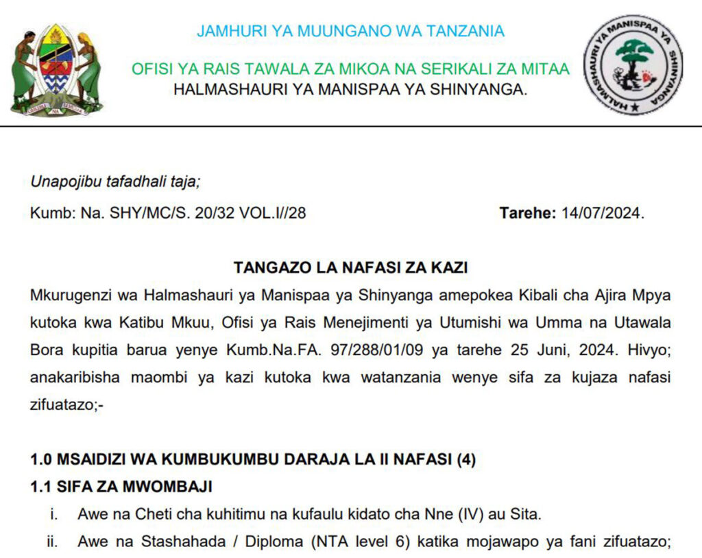 Ajira Mpya Shinyanga: Halmashauri ya Manispaa Yatangaza Nafasi mbalimbali - Mwisho wa Kutuma ...