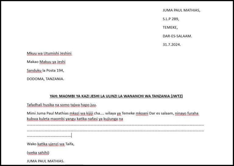 Mfano Wa Barua Ya Maombi Ya Kazi Jeshi La Wananchi Tanzania (JWTZ ...