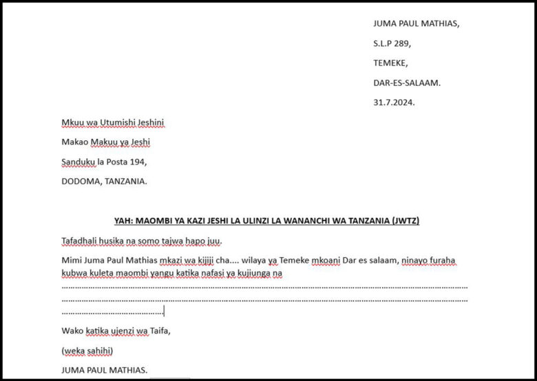 Mfano wa Barua ya Maombi ya Kazi Jeshi la Wananchi Tanzania (JWTZ ...
