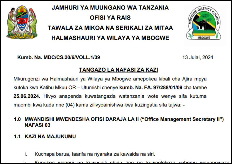 Tangazo La Nafasi Za Kazi Halmashauri Ya Wilaya Ya Mbogwe (Mwisho Wa Maombi 26 Julai 2024 ...
