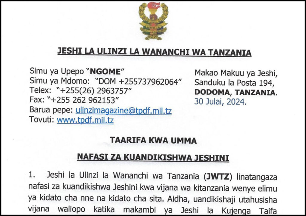 Maombi ya Nafasi za Kazi JWTZ 2024: Mwisho Ni Lini? Haya Apa Majibu ...