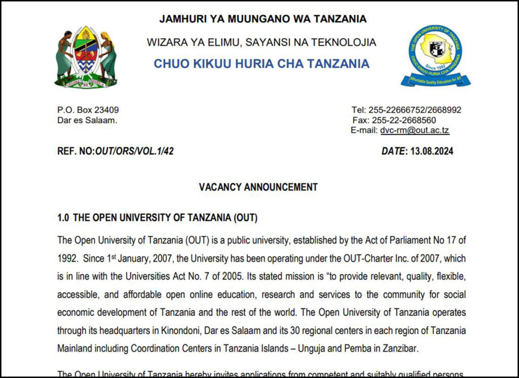 Nafasi Mpya za Kazi Chuo Kikuu Huria Cha Tanzania Agosti 2024 - HABARI ...