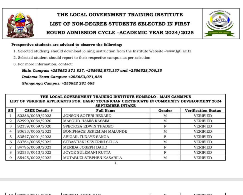 Waliochaguliwa kujiunga na Chuo cha Serikali za Mitaa (LGTI) Hombolo ...